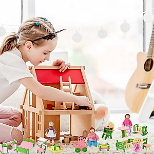 6 Sets of Wooden Dollhouse Furniture Set with 8 Dollhouse Family Figures 1:12 Playhouse Miniature Wood Toy Furniture and Accessories Kitchen, Bathroom, Living Room, Bedroom Pretend Play Toys