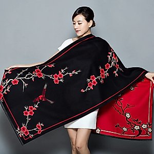 Scarfs,Women's Autumn Winter Cold-Proof Scarf Retro Black Plum Blossom Branch Flower Bird Jacquard Ethnic Warm Soft Cashmere Touch Scarf Thick Blanket Wedding Prom Party Shawl Scarf