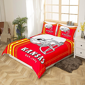 Erosebridal American Football City Duvet Cover Football Sports Game Full Bedding Set with 2 Pillowcases, American Football Helmet Comforter Cover Teen Boys Football Bedroom Decor, Yellow Red (Kansas)