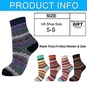 YANGYANG Wool Socks for Women, 5 Pairs Winter Warm Thick Crew Knit Socks Vintage Cozy Soft Cute Nordic Cabin Gifts
