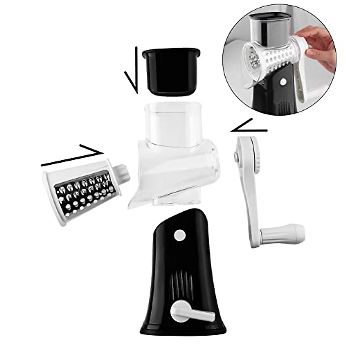 VEKAYA 5 in 1 Rotary Cheese Grater with Handle [5 Interchangeable Stainless Steel Blades] Cheese Shredder Food Vegetable Grader Hand Crank Grater for Kitchen with Bonus Storage Box for Blades - Black