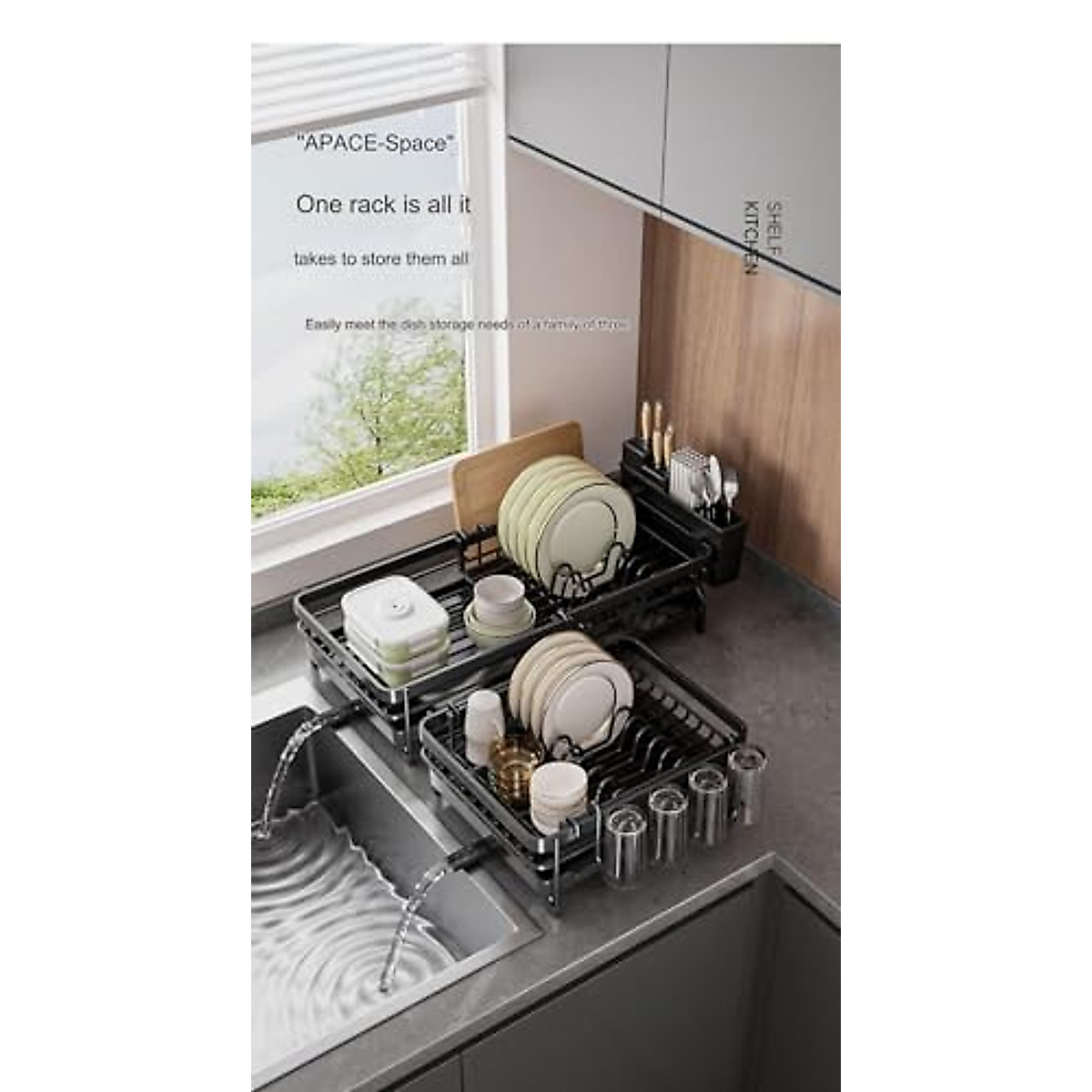 Taqargzy Dish Drying Rack Large Dish Drying Rack with Drainboard Set, Extendable Dish Rack, Utensil Holder, Cup Holder, Expandable Dish Drainer for Kitchen CounterCup Holder,(Black1)