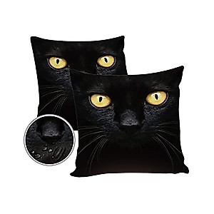 Pack of 2 Outdoor Waterproof Pillow Covers Black Cat Face Decorative Garden Cushion Case Yellow Eyes Throw Pillow Covers for Patio Furniture Couch Sofa, 16x16inch