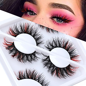 Red False Eyelashes with Color Cat Eye Lashes Mink Dramatic Fluffy Long Fake Lashes Christmas Wispy Strip Curly Lashes Pack 3 Pairs
