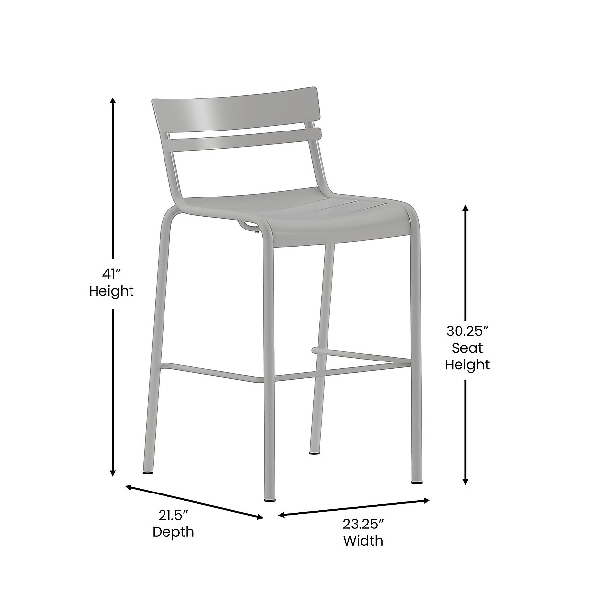 Flash Furniture Nash Commercial Grade Steel Stack Stool, Indoor-Outdoor Bar Stool with 2 Slat Back, Set of 4, Silver