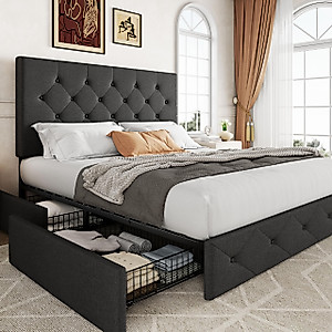 Allewie Upholstered Queen Size Platform Bed Frame with 4 Storage Drawers and Headboard, Diamond Stitched Button Tufted Mattress Foundation with Wooden Slats Support, No Box Spring Needed, Dark Grey