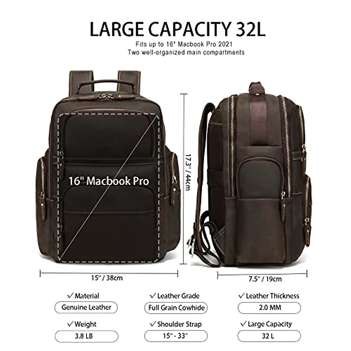 Taertii Full Grain Mens Leather Backpack for 15.6" Laptop Large Capacity 32L Multi Pockets Travel Work Hiking Daypacks