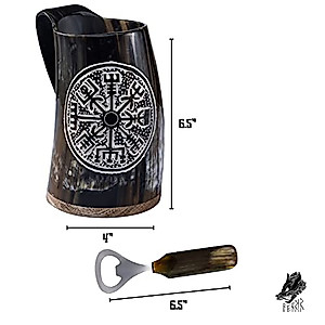 FENRIR Special Edition Viking Drinking Horn Mug with Bottle Opener for Ale Beer Cold Drink Natural Shine Polished 16-oz -2 Pieces Set | Compas Shine Polished