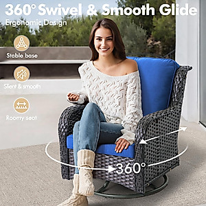 XIZZI Patio Furniture Set with Swivel Rocking Chairs,6 Pieces All Weather Wicker Outdoor Furniture with Sofa,High Back Patio Conversation Set for Balcony,Deck,and Backyard,Brown Rattan Navy Blue