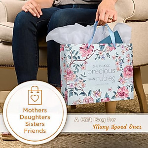 Christian Art Gifts Large Landscape Gift Bag for Moms w/Greeting Card & Tissue Paper Set: More Precious Than Rubies - Prov. 3:15 Inspirational Bible Verse for Mother's Day, Birthdays, Blue/Pink, Large