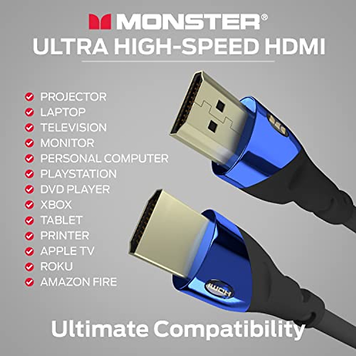 Monster 8K HDMI Cable Ultra High-Speed Cobalt 2.1 Cable - 48Gbps with eARC, 8K at 60Hz for Superior Video and Sound Quality – HDMI Cables for PS5, Apple TV, Roku, Smart TV, Xbox Series X and S – 4FT