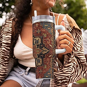 Xiexide 40oz Fits Cup Holder Sports Vintage Antique Oriental Turkish Antique Boho Bohemian Double Walled Vacuum Insulatedith Handle And Straw,Hot & Cold Drinks
