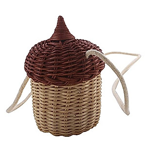 QXPDD Acorn-shaped Storage Basket Hand-woven Round Rattan Bag Bucket Bag Beach Style Woven Shoulder Bag Photo Props Handbag