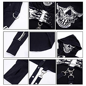 Women Gothic Skeleton Print Hoodies Mask Bandage Crop Top Lace Up Pullover Sweatshirt for Rave Festivals Streetwear