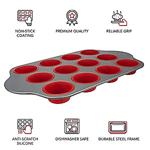 Boxiki Kitchen Non-Stick 12 Cup Silicone Muffin Pan With Steel Frame - BPA Free, Non-Toxic, Anti-Warp, Durable & Easy to Pop Silicone Muffin Tin - Perfect Cupcake Pan