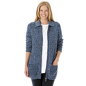 Woman Within Women's Plus Size Marled Zip-Front Cable Knit Cardigan - 1X, Navy Sky Blue Marled