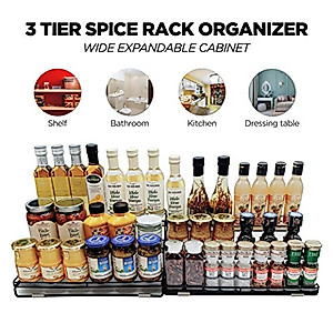 DOTORYDESIGN 3 Tier Wide Expandable Cabinet Spice Rack Organizer (14.5" to 29.1") - Step Shelf with Protection Railing, Black