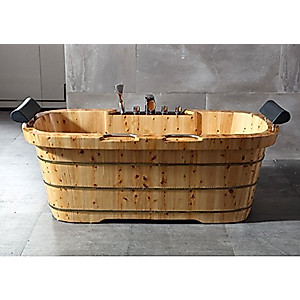 Alfi Brand AB1130 2 Person Free Standing Cedar Wooden Bathtub with Fixtures & Headrests, 65"L x 30.75"W x 23.63"H, Natural Wood