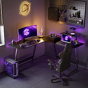 CubiCubi 53 inch Diamon L Shaped Gaming Desk Gamer Workstation, Home Computer Carbon Fiber Surface Corner Gaming Desk PC Table with Cable Tray