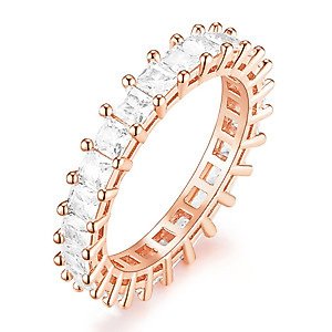 TIGRADE 4mm Eternity Ring Princess Cut Square Cubic Zirconia Engagement Wedding Band for Women Size 5 to 11,Rose Gold,Size 7