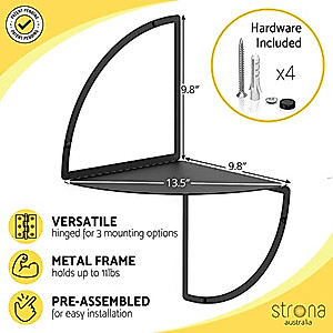 STRONA Black Corner Wall Shelf 9.8" - Wall Mount Hanging Corner Shelf Maximizes Living Space, Small Floating Corner Shelf for Plants, Modern Metal Black Corner Shelves Floating