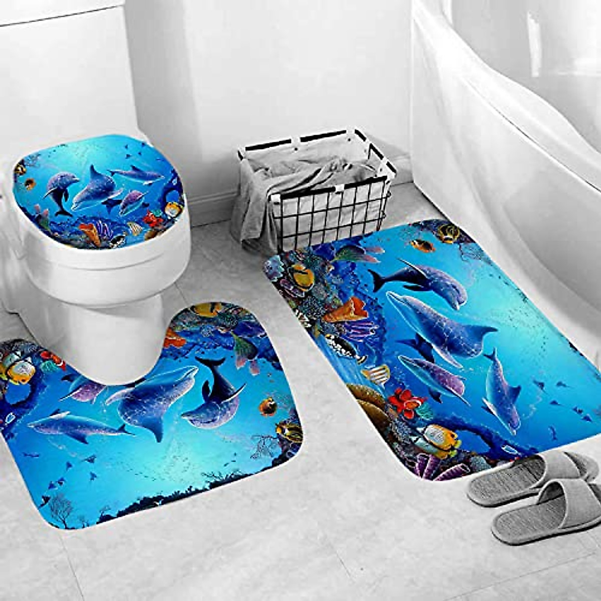 TDCQQGQQ Tropical Ocean Shower Curtain Sets, Sharks and Dolphins Waterproof Windproof Washable Shower Curtain and Rug Set for Bathroom, Toilet Lid Cover and Bath Mat with 12 Hooks.