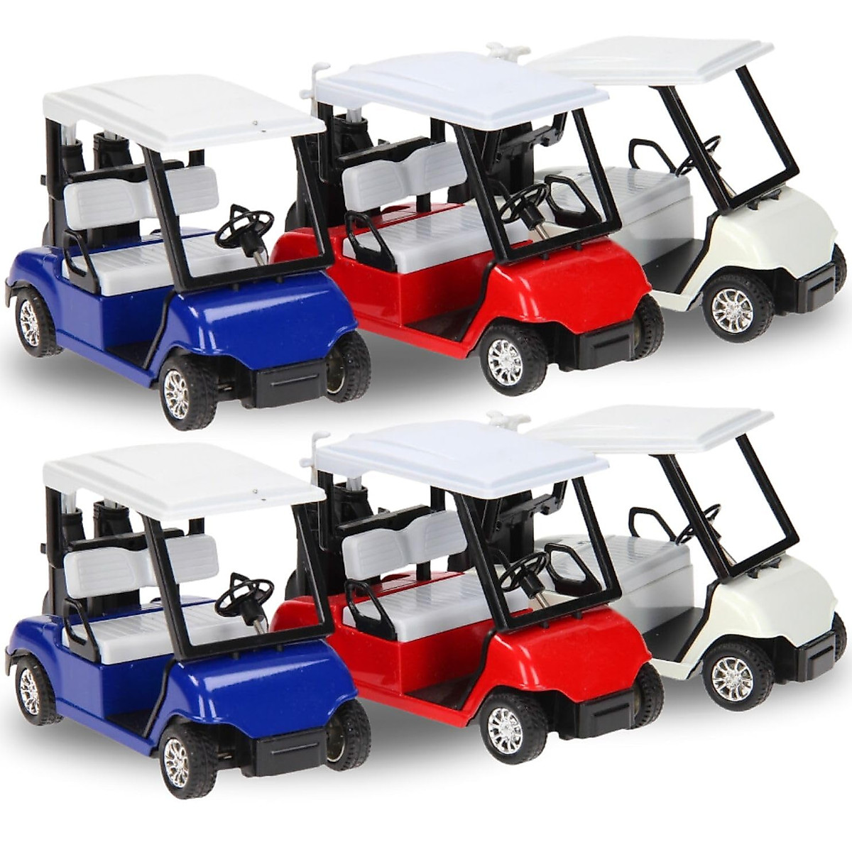 6 Pack: Diecast Golf Carts Toy with Clubs, Alloy Metal Mini Model 1:20 Scale Golfcart Pullback Vehicles for Golfing Themed Office Desk Decor, Bulk Birthday Party Cake Decorations (4.75 Inches)