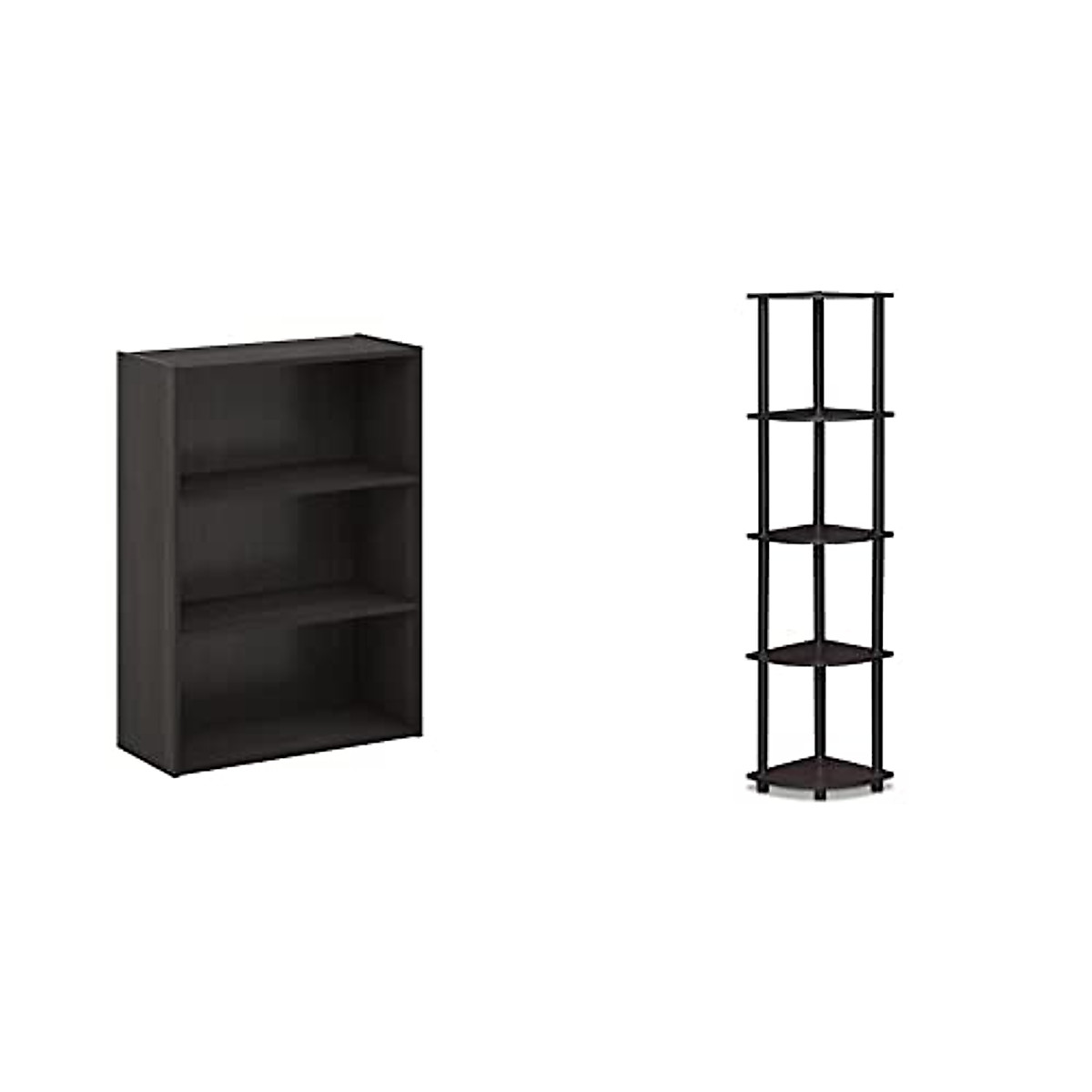 Furinno Pasir 3-Tier Open Shelf Bookcase, Espresso & Turn-N-Tube 5 Tier Corner Display Rack Multipurpose Shelving Unit, 1-Pack, Dark Walnut