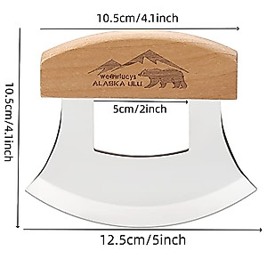 WiuCYS 5inch Alaskan Mezzaluna Ulu Knife, Salad Veggies Rocker Chopper Slicer Cutter Chef Hashing Chopping Mincing Knives Cleaver with Wooden Stand Sheath Arthritic Tool