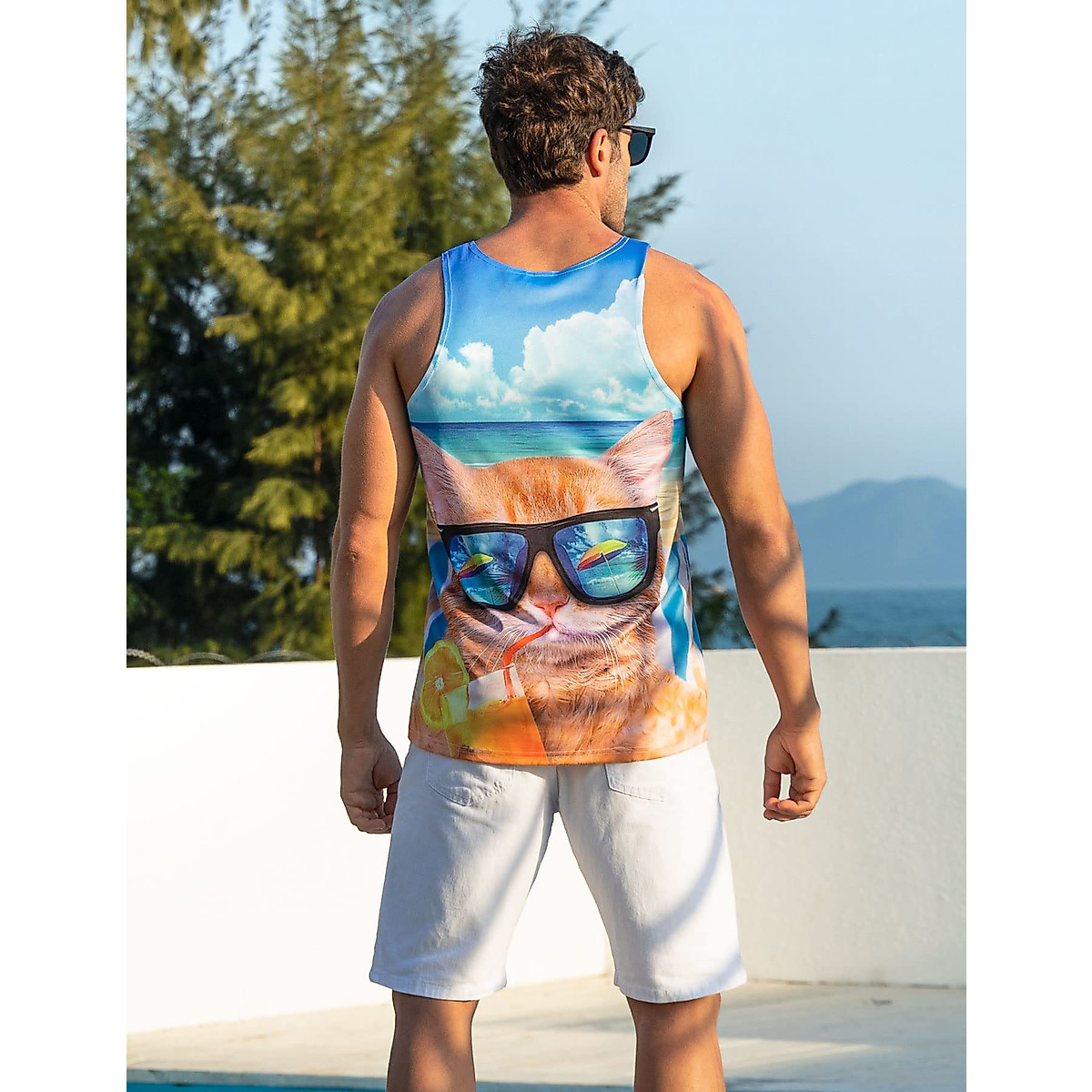 Goodstoworld Men Beach Tanks Tops 3D Printed Boys Fashion Sleeveless Shirts Juniors Hawaii Graphic 2022 Party Beach Glasses Cat T Shirt Tee