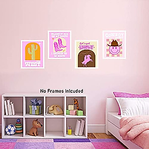 Pink Western Cowgirl Theme Wall Art Aesthetic Poster Preppy Room Decor, Retro Cowgirl Canvas Print, Glamour Cowgirl Wall Art for Girls Room College Dorm Room Decoration, Set of 4-(8"x10" Unframed)