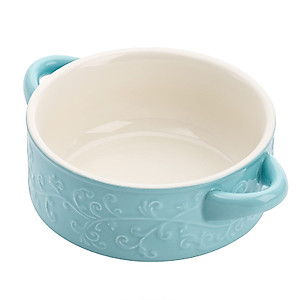 Okllen 4 Pack Ceramic Soup Bowls with Handles, 20 Oz Glazed French Onion Soup Bowls Embossed Cereal Bowls, Stackable Serving Bowls for Stew, Pasta, Chill, Oven Dishwasher Safe, 4 Colors