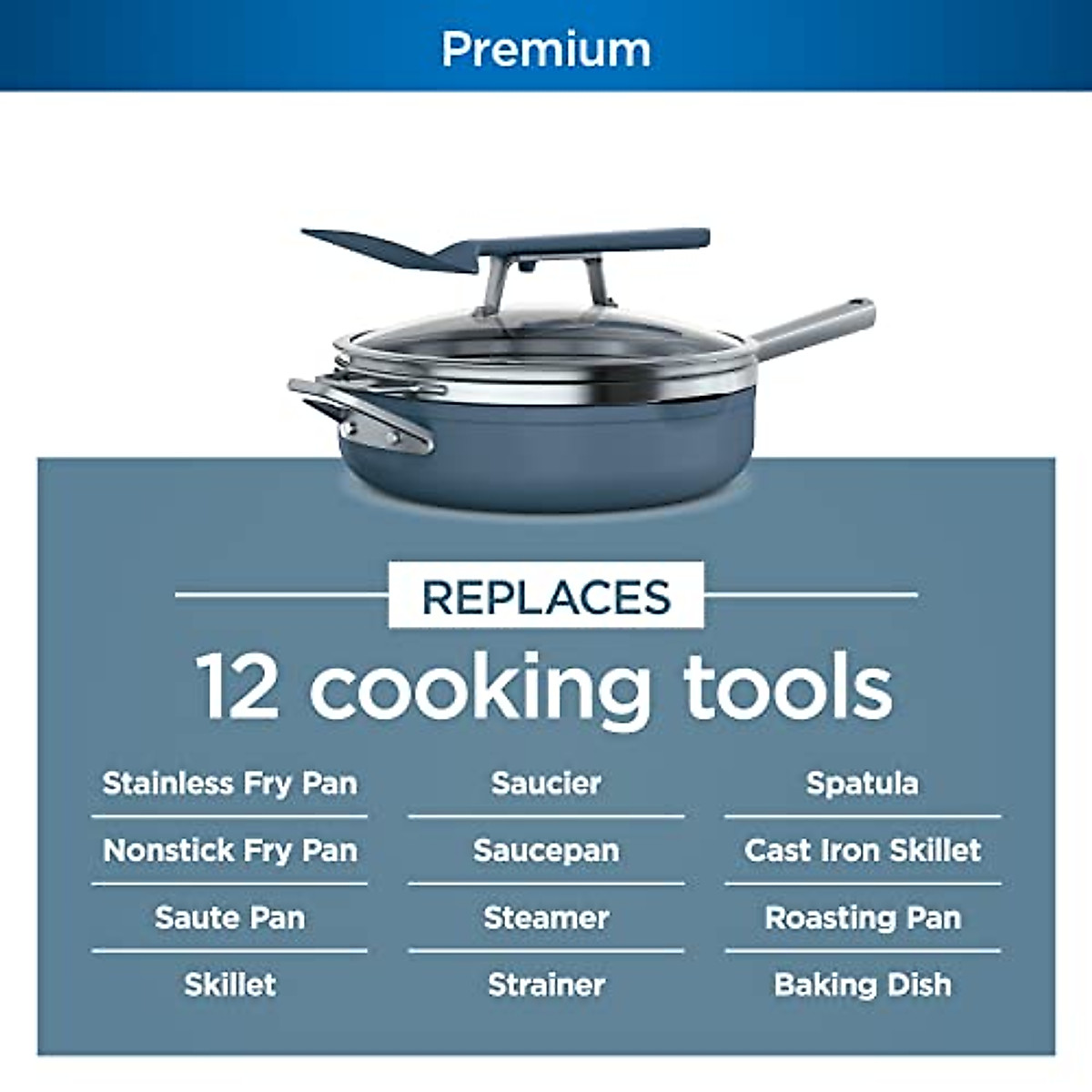 Ninja CW102BL Foodi NeverStick PossiblePan, Premium Set with 4-Quart Capacity Pan, Steamer/Strainer Basket, Glass Lid & Integrated Spatula, Nonstick, Durable & Oven Safe to 500°F, Macaron Blue