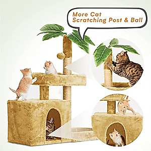 TSCOMON 31.5" Cat Tree Cat Tower for Indoor Cats with Green Leaves, Cat Condo Cozy Plush Cat House with Hang Ball and Leaf Shape Design, Cat Furniture Pet House with Cat Scratching Posts, Beige