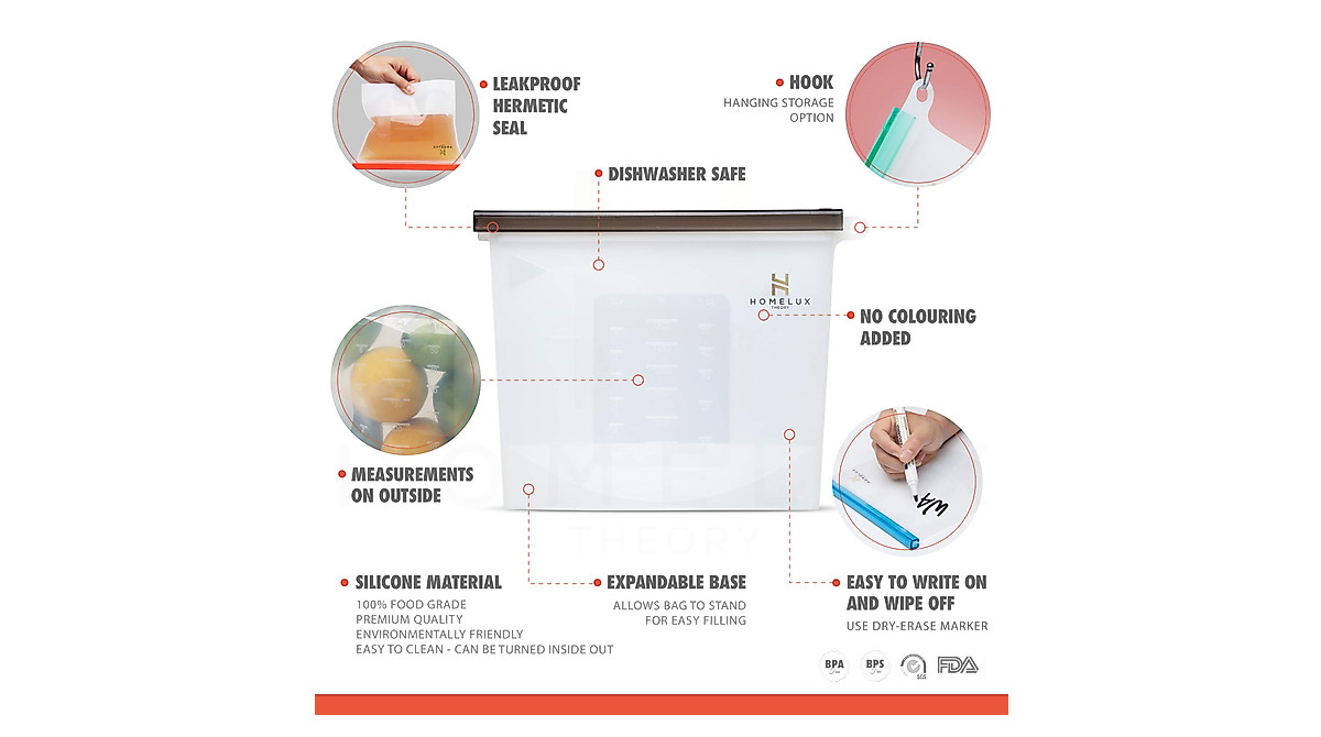 HOMELUX THEORY Reusable Gallon Freezer Bags - Extra Large Silicone Storage