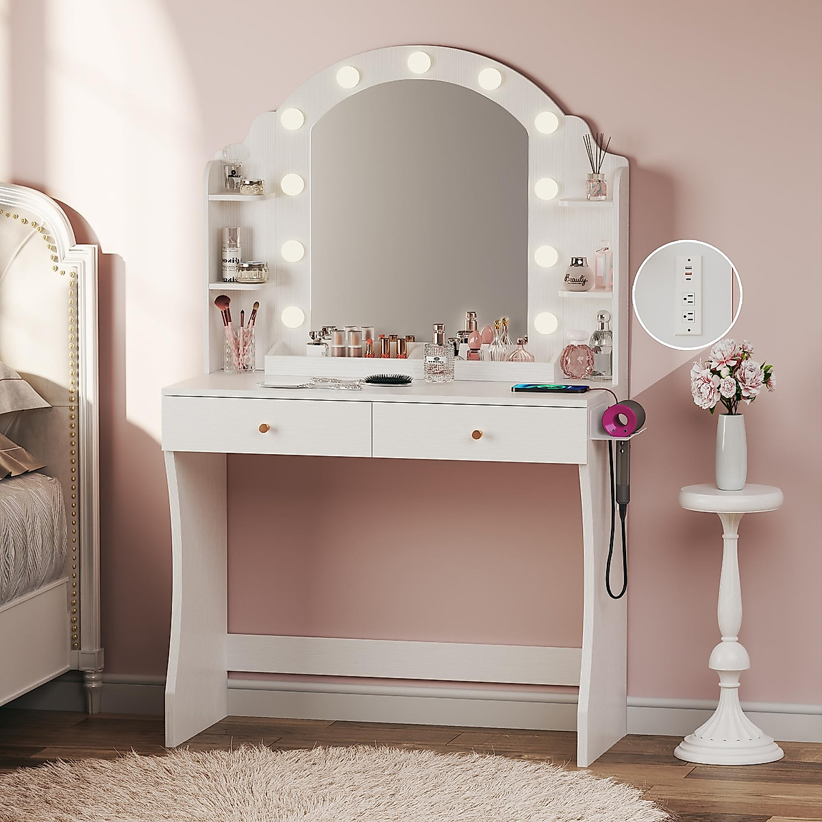 ALEXNUTRE Makeup Vanity Desk with Mirror and Lights, Vanity with Power Outlet, 3 Lighting Color Adjustable for Bedroom, Large Drawers and Storage Shelves, White