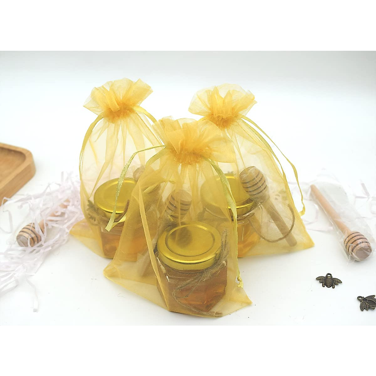 Mini Hexagonal Honey Jars - 2 oz 15 Pack Little Glass Honey Jar - Glass Honey Jars with Wooden Dippers, Bee Charms, Jutes and Gold Gift Bags - Honey Jars for Baby Shower, Wedding Party Favors