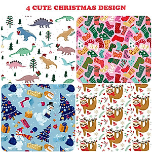 CAMKUZON Christmas Wrapping Paper for Kids Boys Girls Baby Women Men - 12 Sheets Xmas Gift Wrap 4 Cartoon Designs Dinosaur, Sloths, Snowmen, Socks - Folded Flat, 20 Inch X 29 Inch Per Sheet