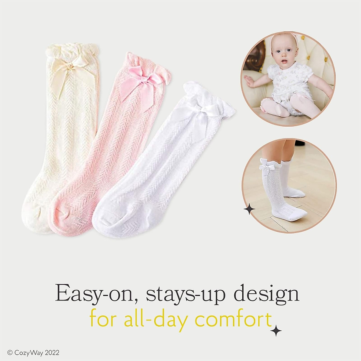 CozyWay Baby Knee High Bow Socks For Baby Girls Infant 0-9 Months 3-3 Pack
