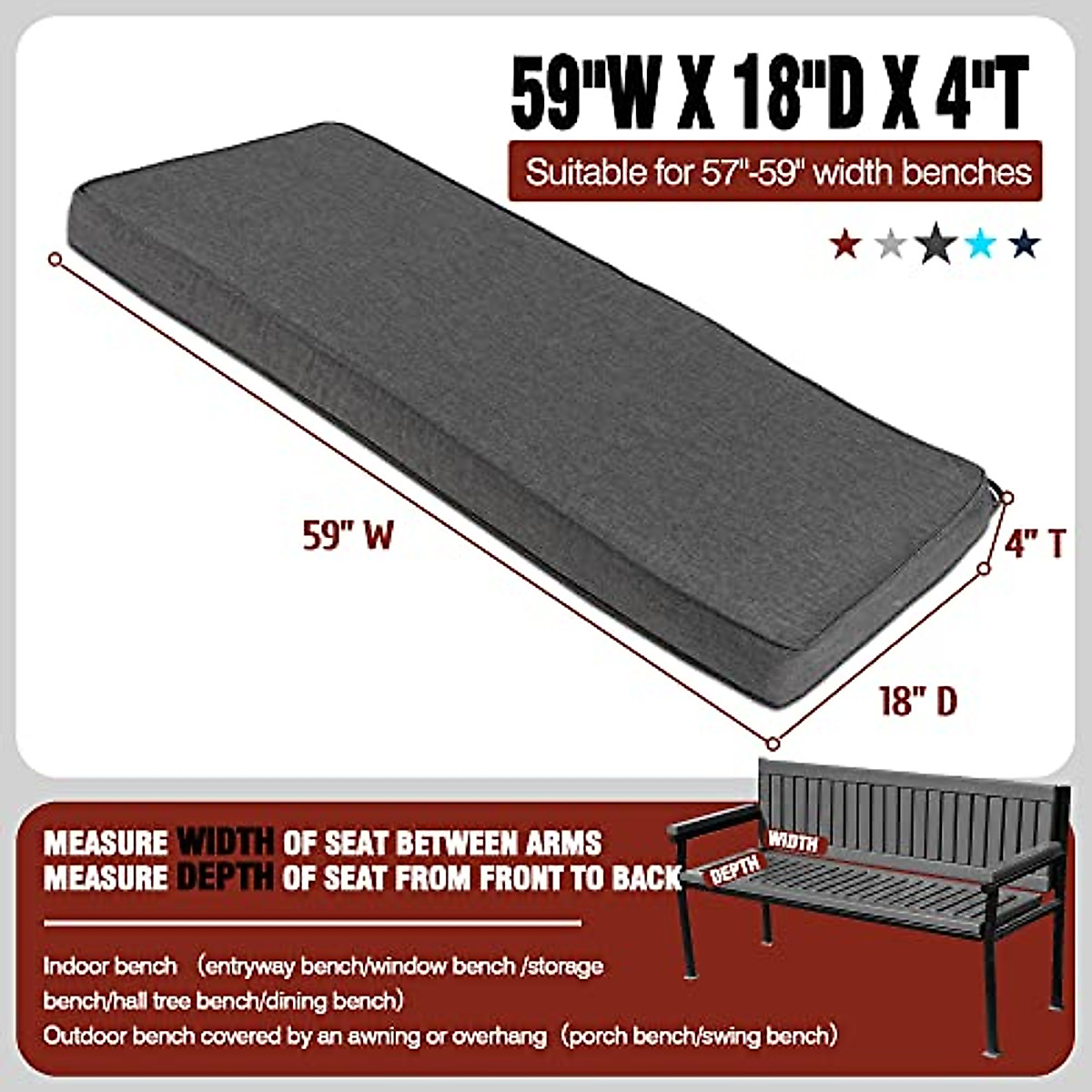 Sundale Outdoor Waterproof Olefin Bench Cushion, Outdoor/Indoor Durable Thicken Pad with Adjustable Straps, Patio Garden Sofa Settee Couch Loveseat Cushion (Dark Gray, 59" W x 18" D x 4" T)