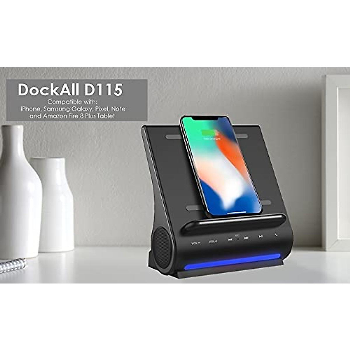 Fast 15 Watts Wireless Charger Sound Hub Bluetooth Speaker with Upgraded Mic Handsfree Calling Two USB Ports, Upright View Angle, Space Saving 4 in 1 Dock