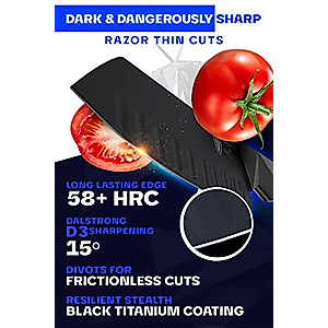 Dalstrong Shadow Black Series Black Titanium Nitride Coated High Carbon 7CR17MOV-X Vacuum Treated Steel Santoku Kitchen Knife, 7 Inches, Sheath Included