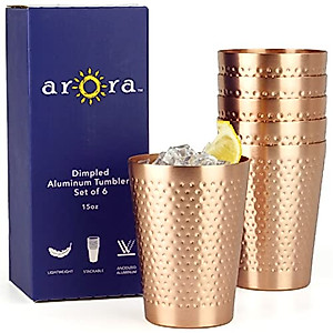 Arora Metal Anodized Hammered Copper Moscow Mule Mug Set 18oz Mug | Set of 4 & Metal Anodized Hammered Copper Tumbler Set | Best Aluminum Cold-Drink Cup | 15oz Cup | Set of 6