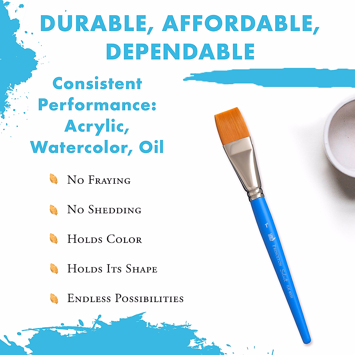 Princeton Select Artiste, Series 3750, Paint Brush for Acrylic, Watercolor and Oil, Flat Wash, 1 Inch