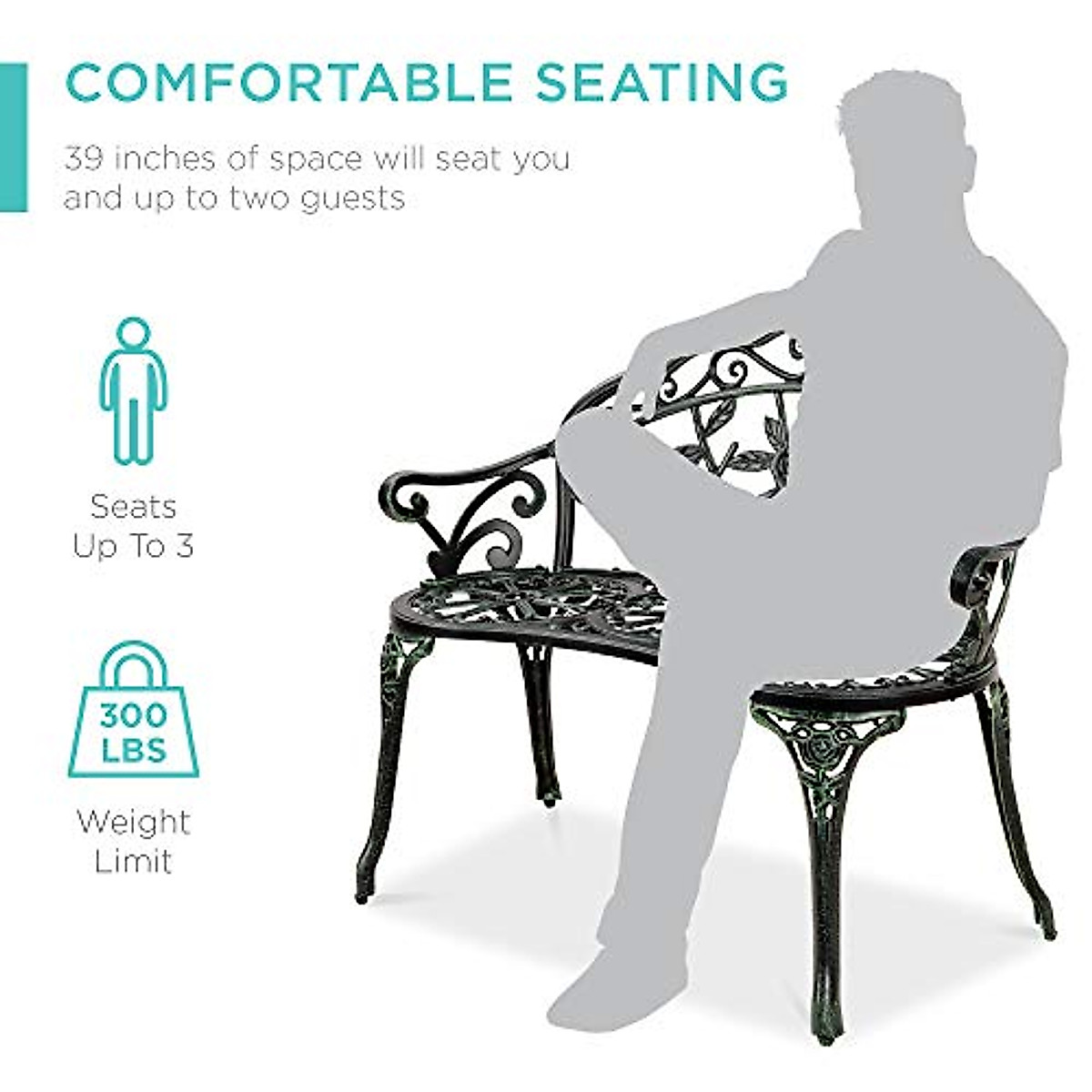 Best Choice Products Outdoor Bench Steel Garden Patio Porch Loveseat Furniture for Lawn, Park, Deck Seating w/Floral Rose Accent, Antique Finish - Black/Green