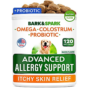 BARK&SPARK Advanced Dog Allergy Itch Relief Chews - Skin Probiotics w/Fish Oil Omega 3 - Itchy Skin Relief Pills - Anti Itching Licking - Skin Allergies Treatment Immune Supplement Colostrum-120 Bacon