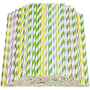 Paper Straws Biodegradable 200 Pack Striped Multi Colored BPA-Free Disposable 8.25" Long Non-Flexible Straw for Everyday/Birthday Party/Easter/Baby Shower/Wedding - By DuraHome