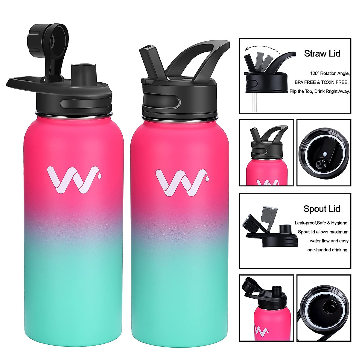 WEREWOLVES 24 oz Insulated Water Bottle With Paracord Handles & Strap & Straw Lid & Spout Lid,Reusable Wide Mouth Vacuum Stainless Steel Water Bottle for Adults (New-Cool Summer, 24 oz)