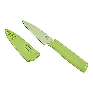 Kuhn Rikon Colori Non-Stick Straight Paring Knife with Safety Sheath, 4 inch/10.16 cm Blade, Pistachio