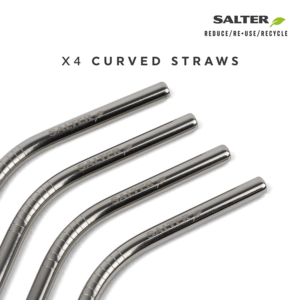 Salter 302 SSXR Eco Reusable Metal Drinking Straws, Curved and Straight Design, Set of 8, Includes a Sisal Fibre Cleaning Brush and Drawstring Bag, Perfect for a Night Out or Picnic, Stainless Steel